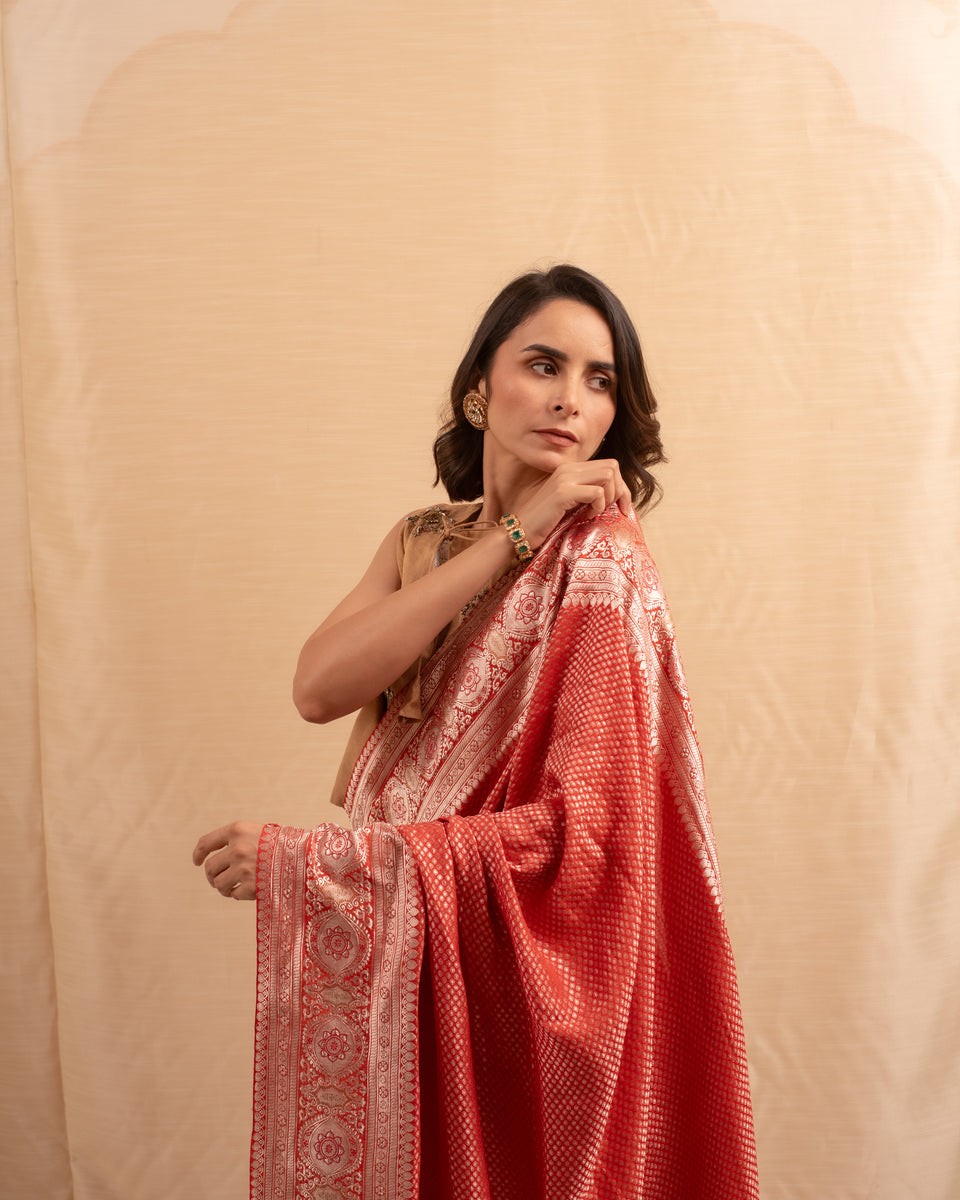 Gerua- Burnt Orange Silk Georgette Brocade Saree – Priyanka Raajiv