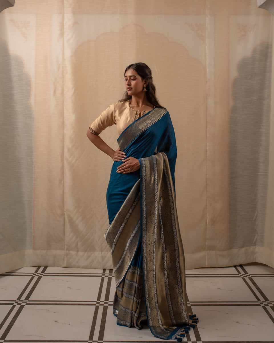 Neelam- Teal Blue Georgette Silk Banarasi Saree – Priyanka Raajiv