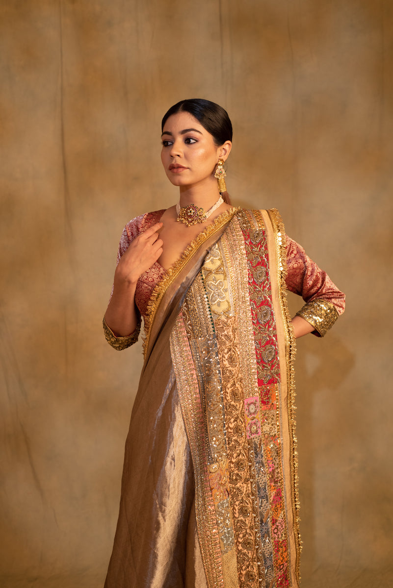 Saptami- Silver Silk Tissue Chanderi Upcycled Jod Saree – Priyanka Raajiv