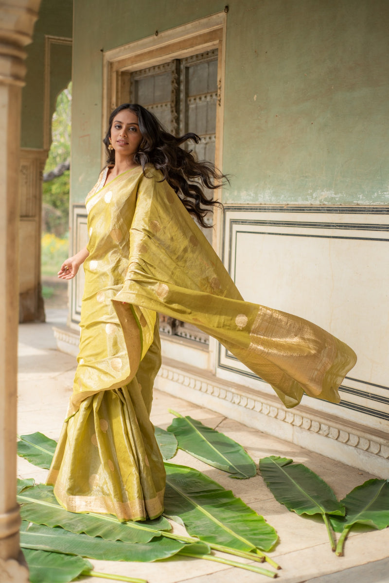 Rena Green- Green Banarasi Silk Tissue Saree – Priyanka Raajiv