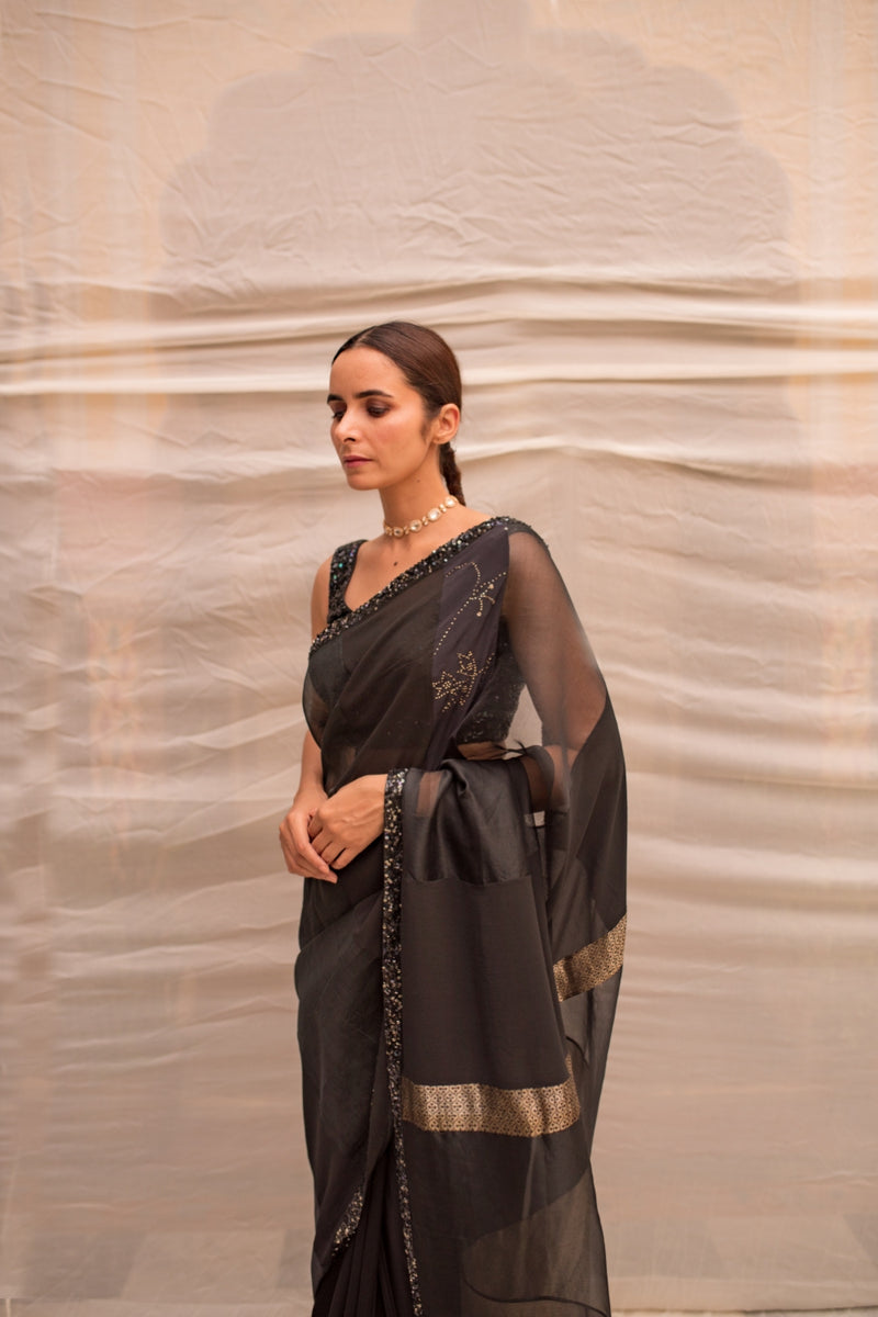 Dharmini- Black Upcycled Patchwork Saree – Priyanka Raajiv