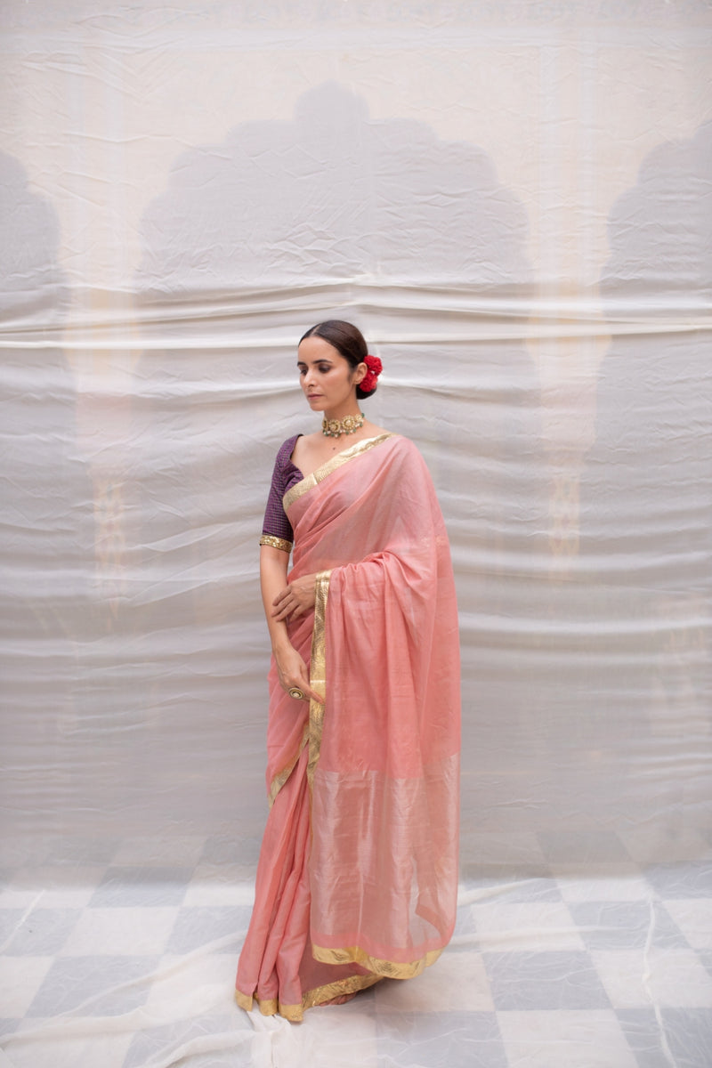 Nandini- Pink Silk Chanderi Tissue Saree – Priyanka Raajiv