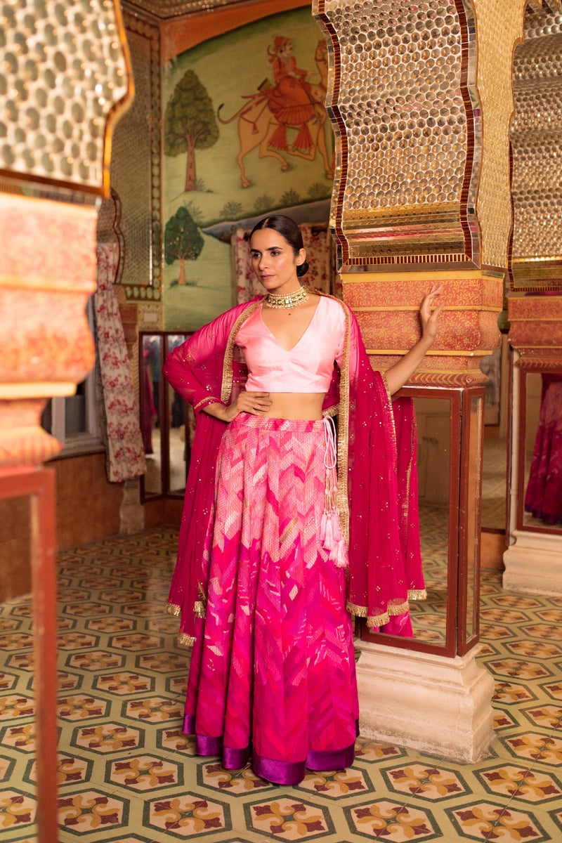 Indira- Pink Ombre Upcycled Patchwork Lehenga – Priyanka Raajiv